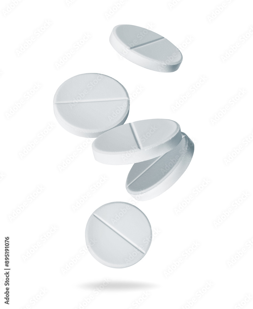 Five soluble tablets isolated on a white background. Effervescent ...