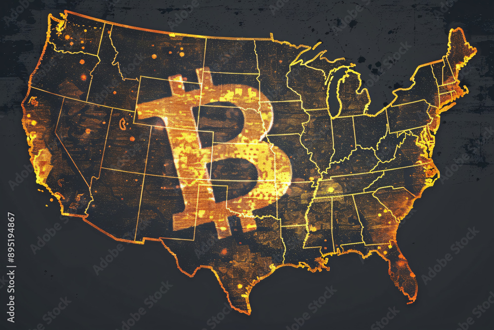 Illustrated map of the USA with Bitcoin symbol indicating widespread ...