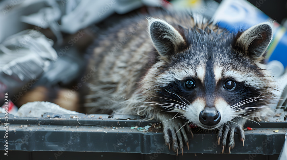 Confused Raccoon with Wide Eyes and Messy Fur Searching Through Garbage ...