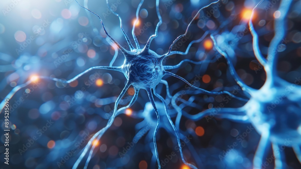 This image depicts a close-up view of blue nerve cells or neurons. The ...