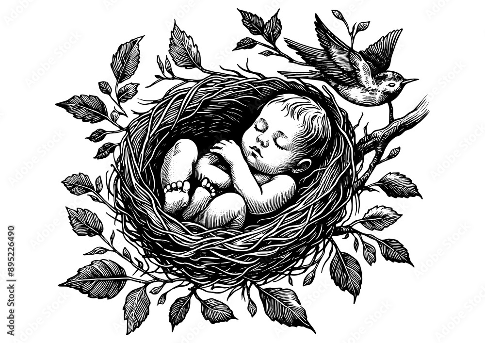sleeping baby curled up in a bird nest with a bird perched nearby ...