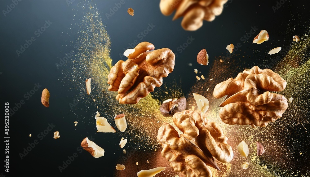 Walnut nuts explosion splash or falling in realistic closeup for ...