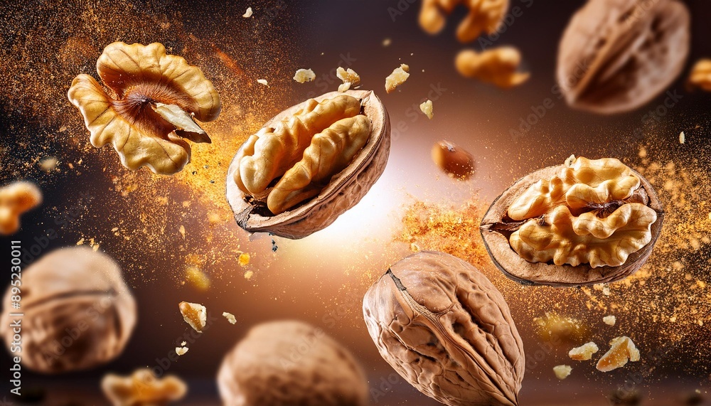 Walnut nuts explosion splash or falling in realistic closeup for ...