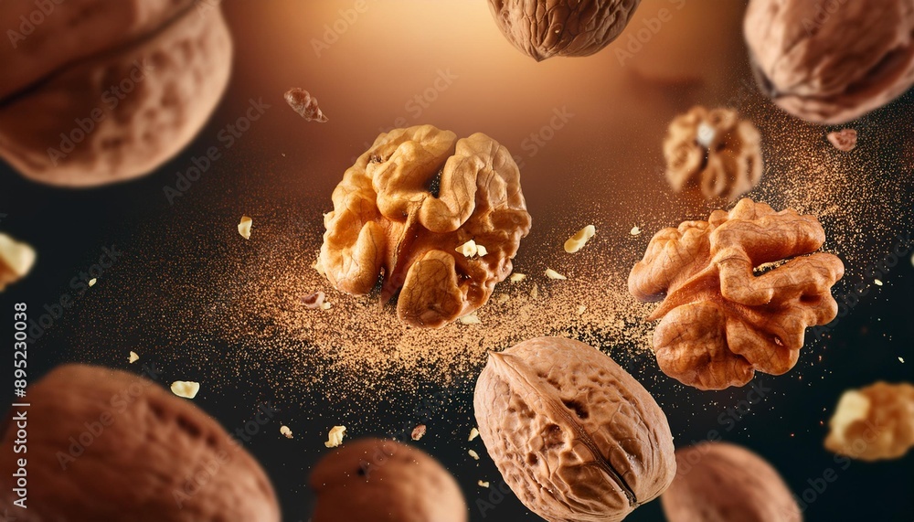 Walnut nuts explosion splash or falling in realistic closeup for ...