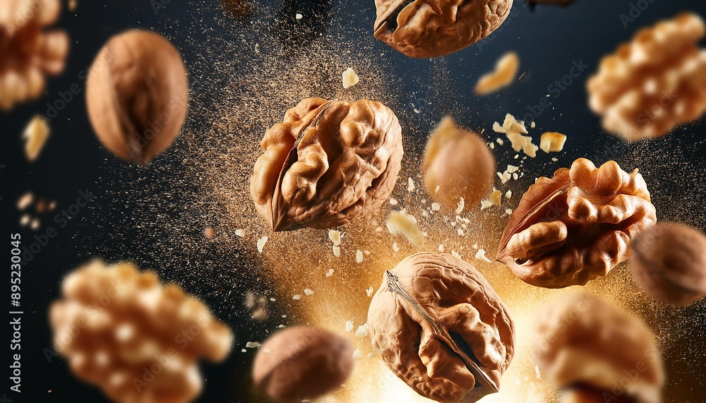 Walnut nuts explosion splash or falling in realistic closeup for ...