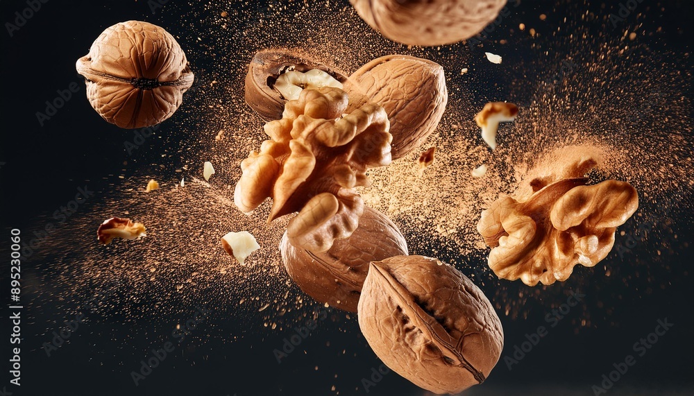 Walnut nuts explosion splash or falling in realistic closeup for ...