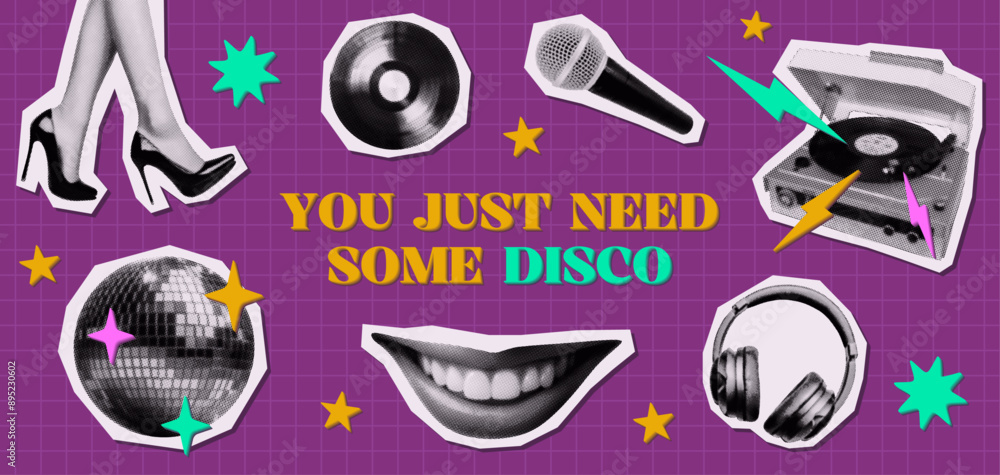 disco music collage set with vinyl record player disco ball high-heeled ...