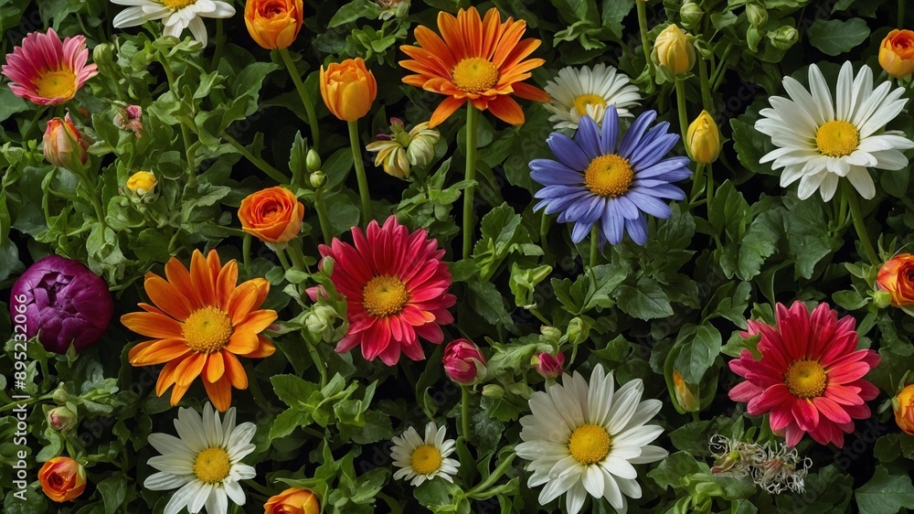 Vibrant garden bursts forth with riot of colors. Blooms in orange, red ...