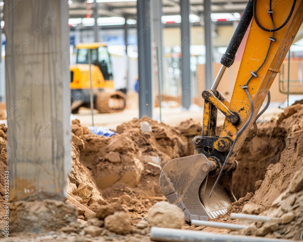 Crawler excavator using backhoe to dig soil at construction site ...