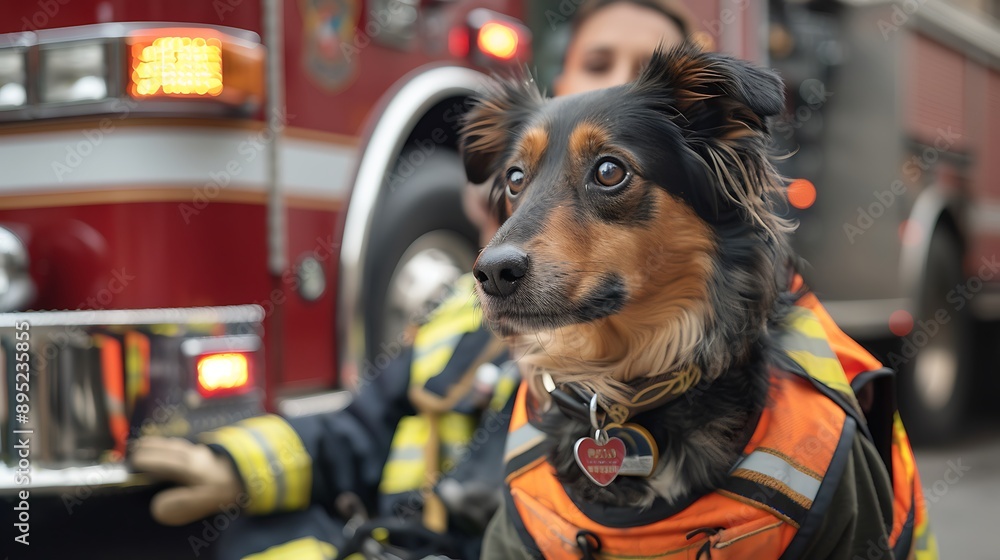 Proud rescue dog in a vest stands beside a resolute firefighter both ...