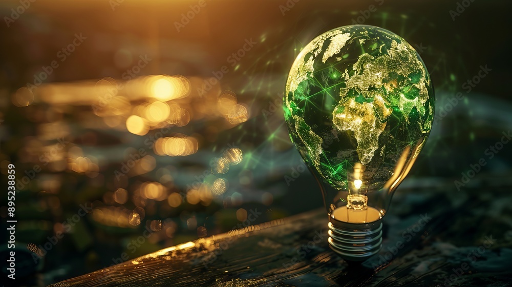 Light bulb glows green on a world map. This means that renewable energy ...