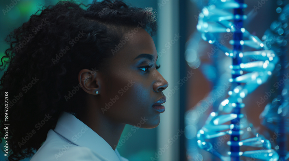 Side profile of a black female medical scientist intensely examining an ...