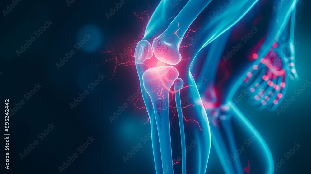 Blue 3D medical x-ray showing knee pain and body injuries, emphasizing ...
