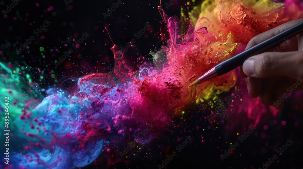 A hand is painting a rainbow with a brush. The colors are vibrant and ...