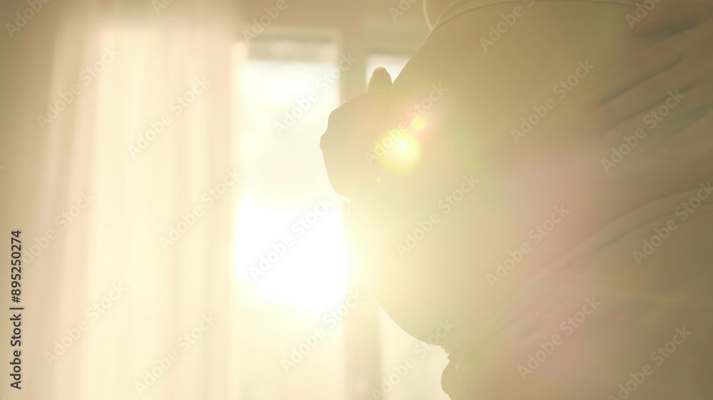 Pregnant woman gently strokes big belly against window. Young female ...