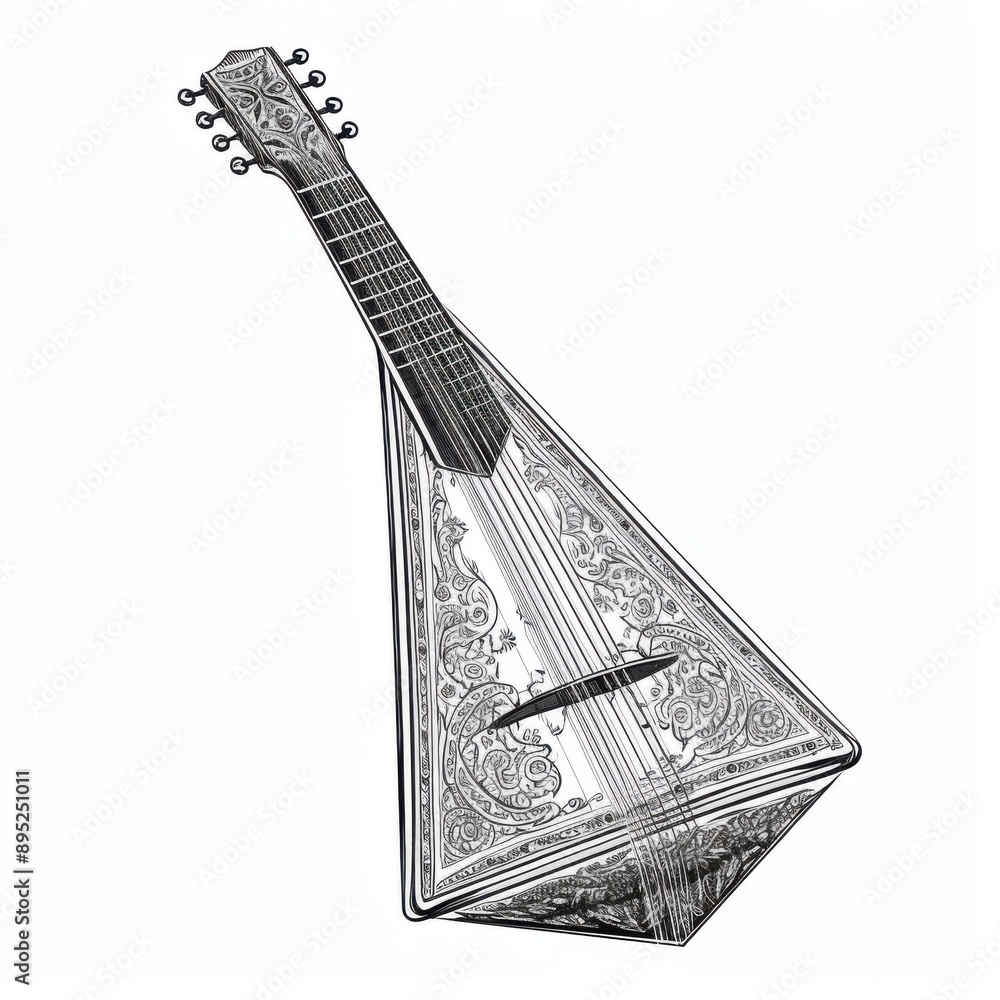 Black and white Vintage engraved art of a balalaika isolated on white ...