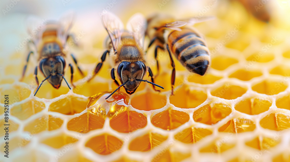 Bees and Honey Bees Close-Up on Honeycomb. Detailed Macro Photography ...