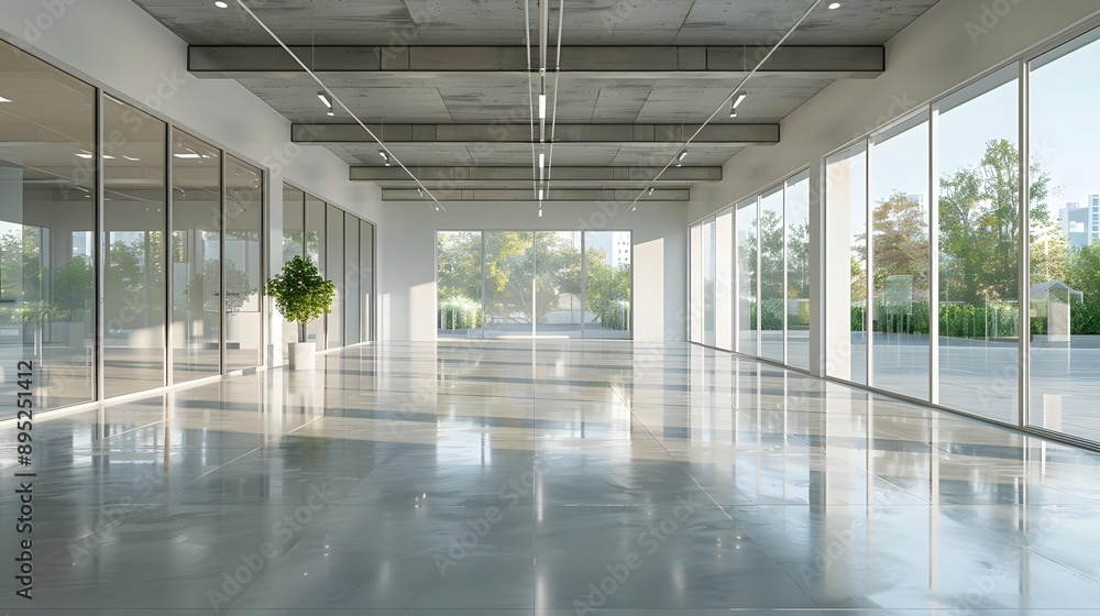 Large empty modern showroom interior with polished concrete floors and ...