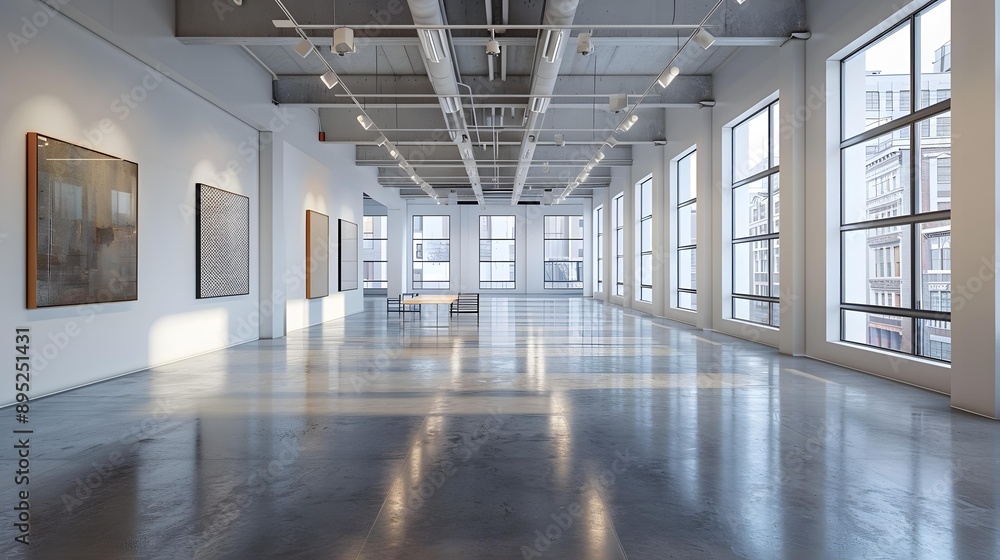 Large empty modern showroom interior with polished concrete floors and ...