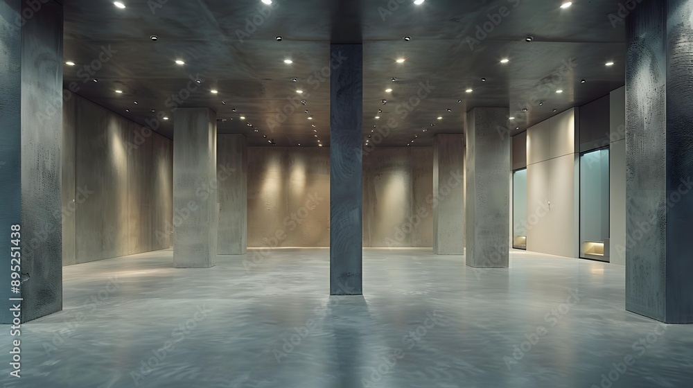 Modern showroom interior with smooth concrete walls and a single large ...