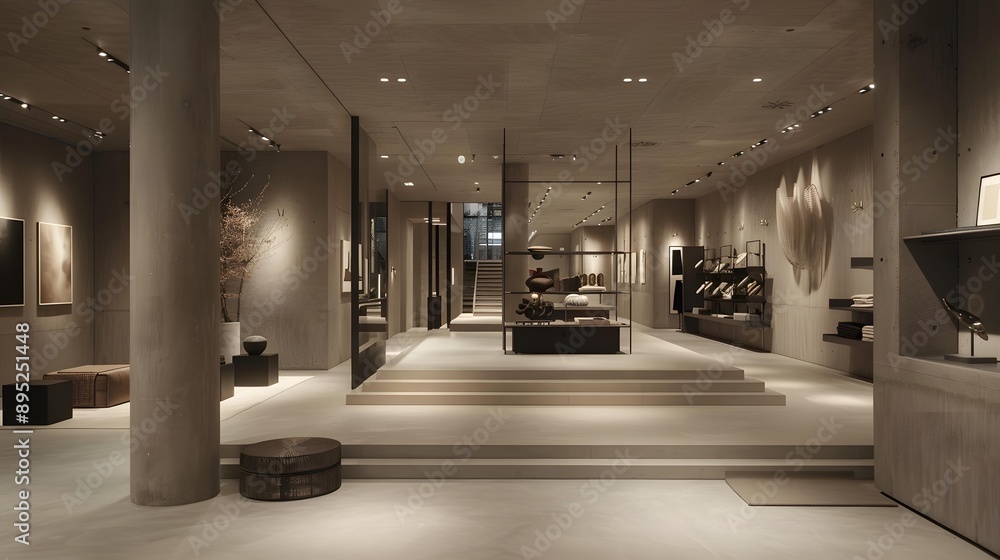 Modern showroom interior with smooth concrete walls and a single large ...