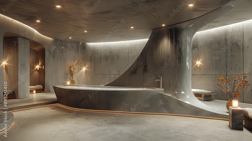 Modern showroom interior with smooth concrete walls and a single large ...