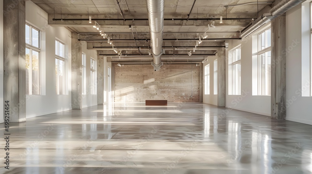 Spacious, empty showroom with a polished concrete floor, exposed ...
