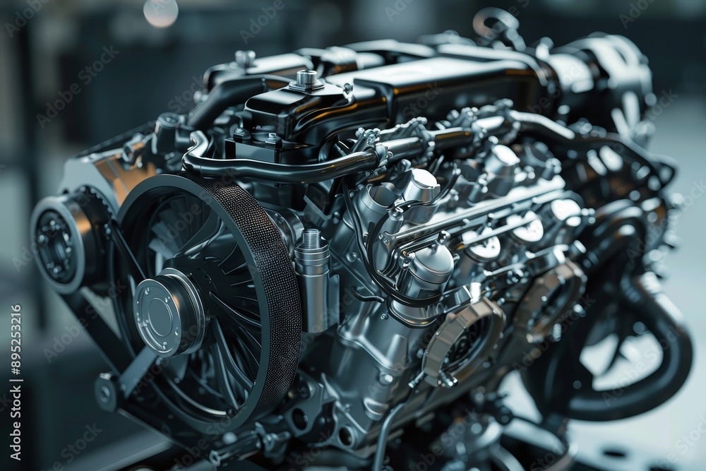 In depth view of advanced car engine design in high quality cutaway ...