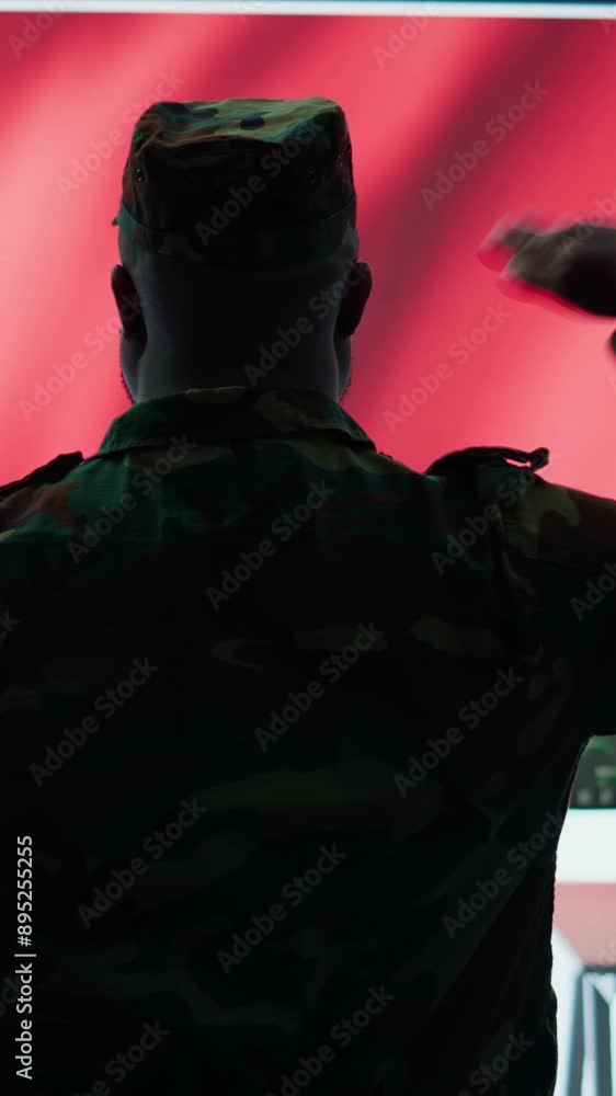 Vertical Video American army working in a command post with green ...