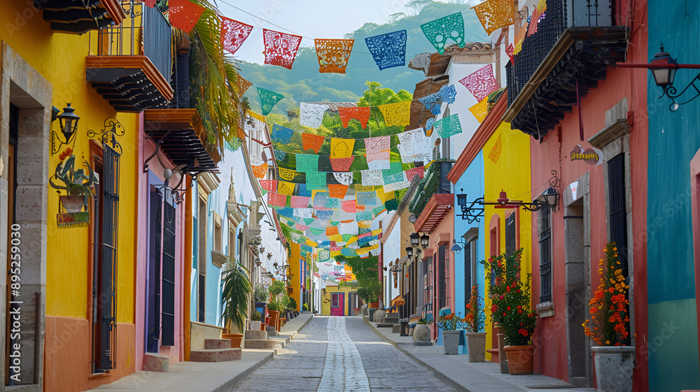calles de pueblo coloridas con las montañas de fondo y con papel picado ...