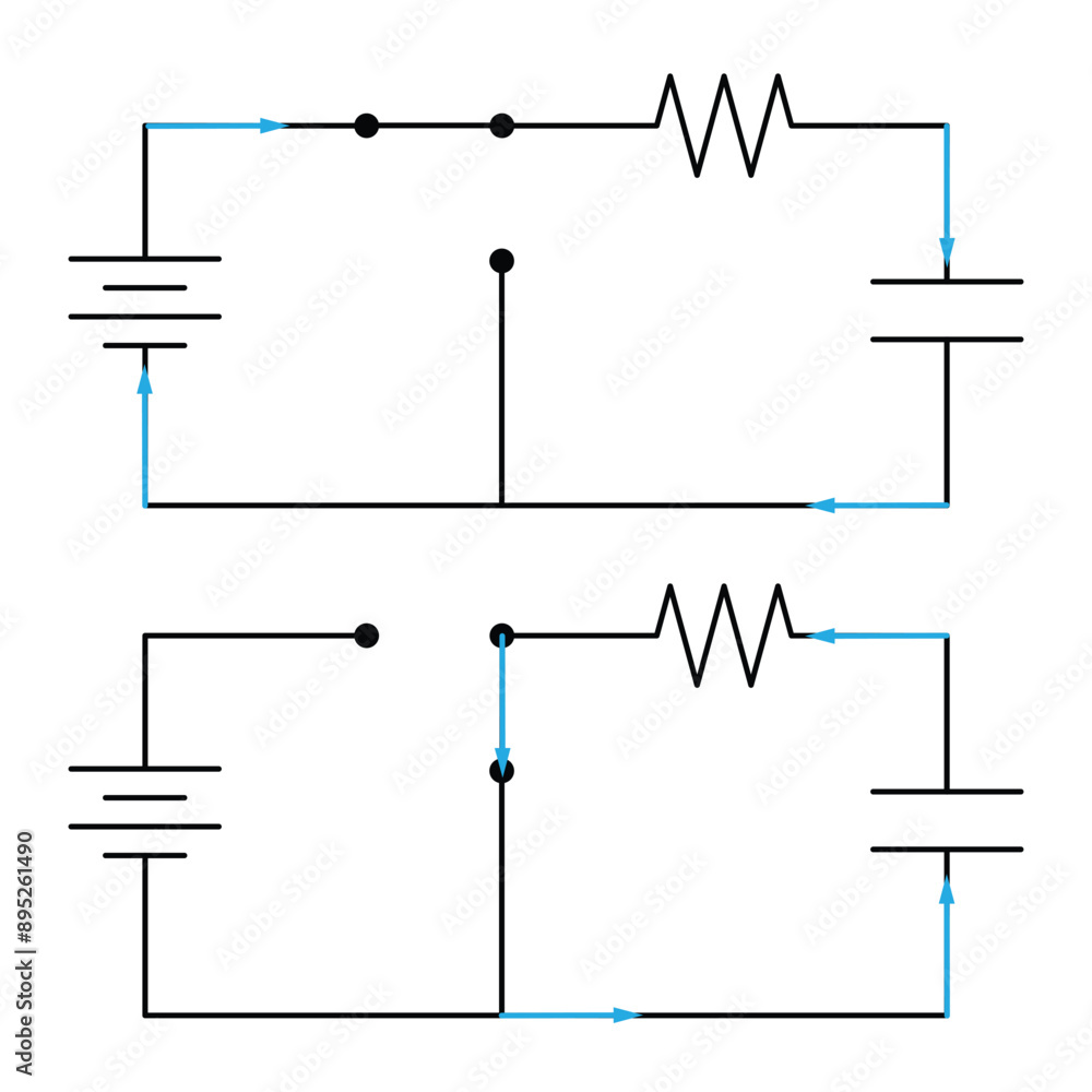 Simple RC circuit with an open and closed switch depicting a charging ...