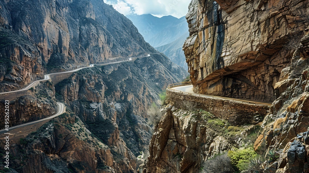 A narrow mountain pass road carved into the side of a sheer cliff face ...