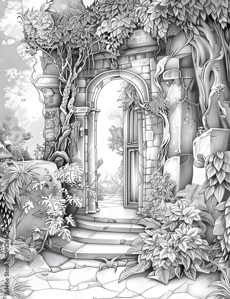 Magic portal coloring page with light gray details for creative fun ...