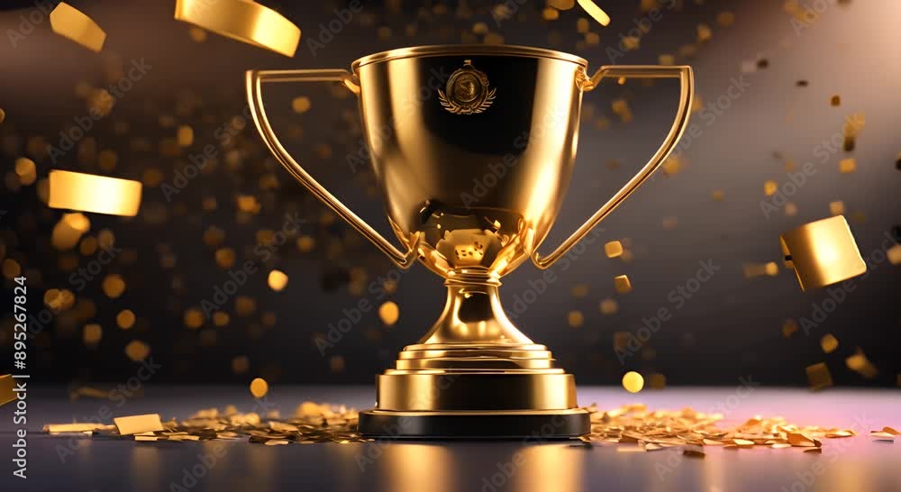 Gold winners sports cup on festive black background with confetti ...