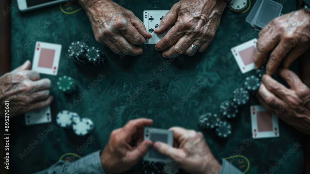 This image showcases several hands playing a poker game, with cards and ...