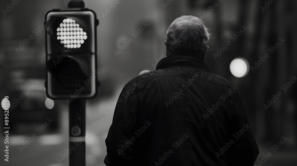 Older man crossing the street and in front of him, a traffic light ...