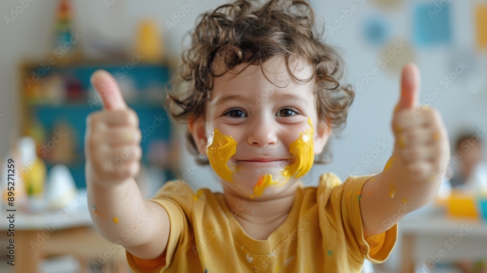 A cheerful child with paint on their face gives double thumbs up ...