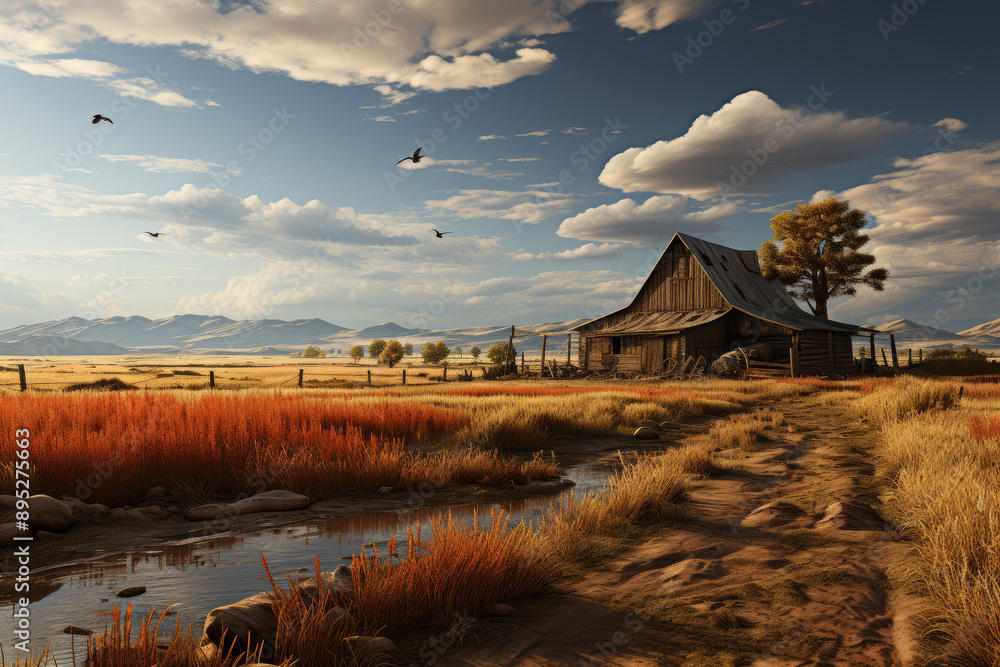 An abandoned countryside barn surrounded by fields of swaying grass ...