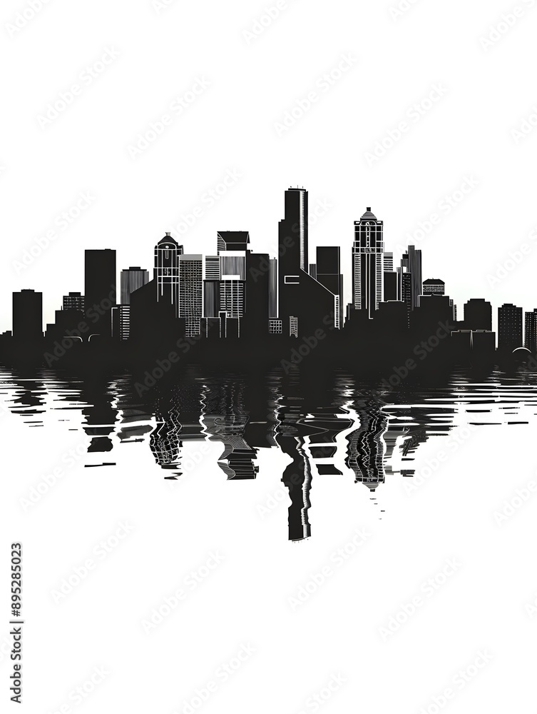 Black and white city skyline with tall buildings reflected on a ...