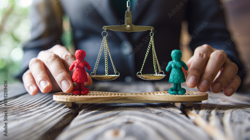 Gender equality: A professional adjusts a balance scale with red and ...