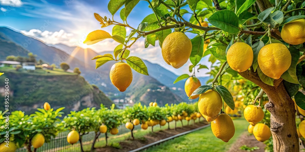 Lemons growing in a sunny garden on Amalfi coast in Italy, Amalfi coast ...