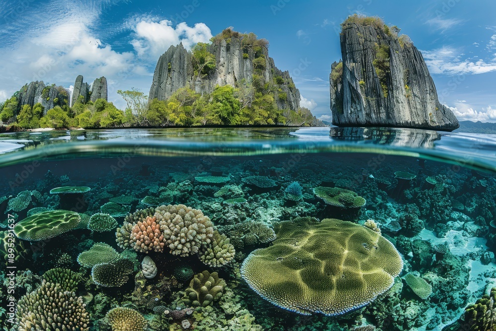 Healthy fringing coral reefs grow around the dramatic limestone islands ...