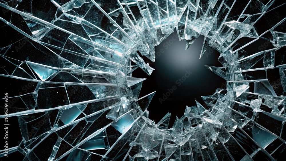 Shattered glass shards on black background, overlay texture, shattered ...