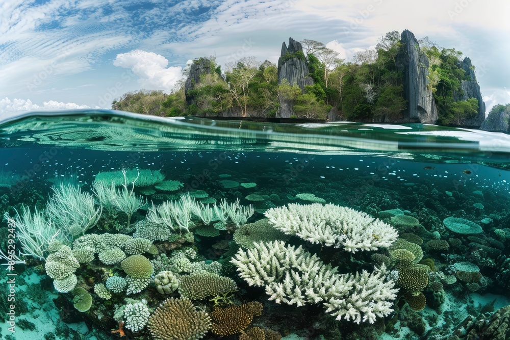 Healthy fringing coral reefs grow around the dramatic limestone islands ...