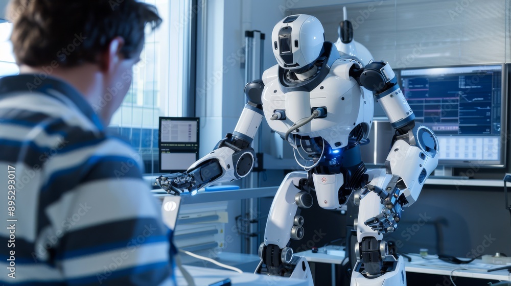 An advanced robotics testing laboratory with engineers programming ...