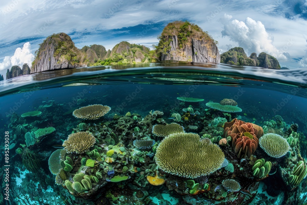 Healthy fringing coral reefs grow around the dramatic limestone islands ...