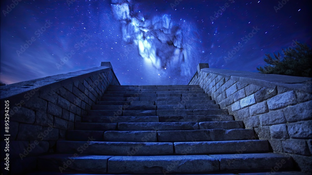 Stone stairs leading upwards with a dark night sky background, stone ...