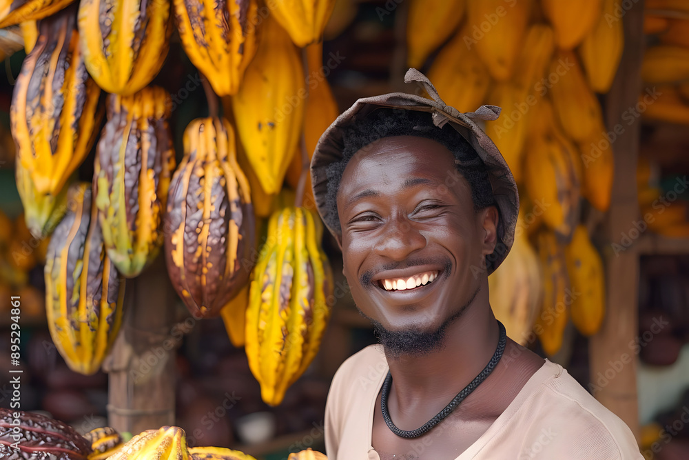 Smiling vendor with fresh cacao pods at a market stall, showcasing ...