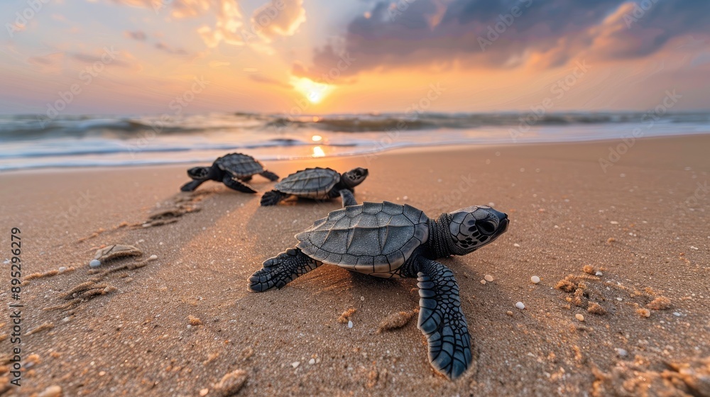 Three sea turtles walk on the beach. The image showcases the natural ...
