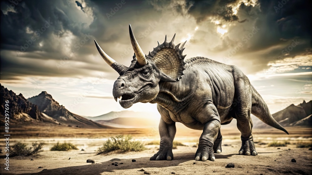 Majestic dinosaur with fierce horns standing in prehistoric landscape ...